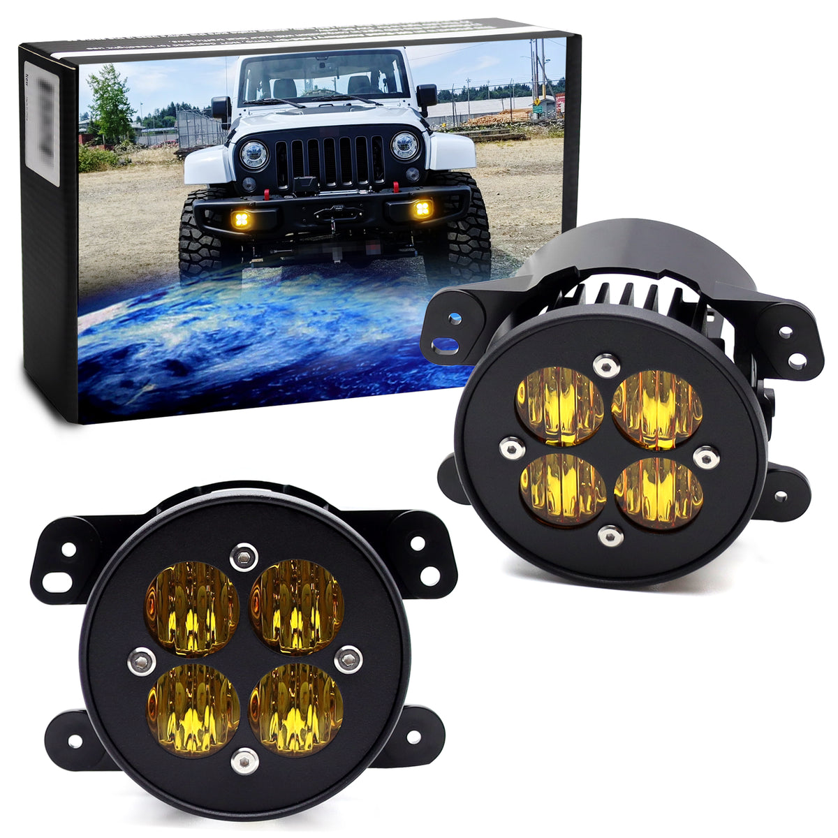 Yellow Lens Cloverly 24W LED Wide Angle Flood Beam Fog Light Kit For J ...