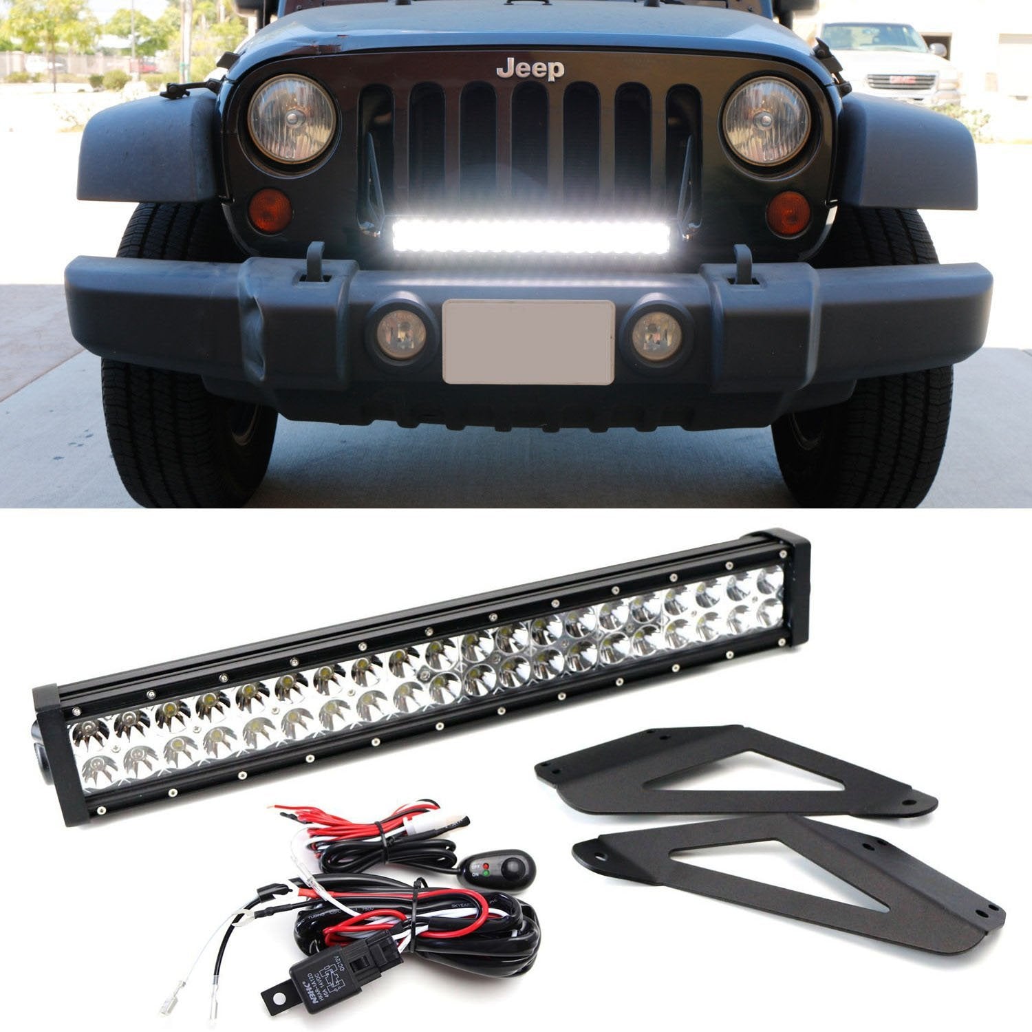120W 20" LED Light Bar w/ Front Grille Bracket, Wirings For 07-17 Jeep ...