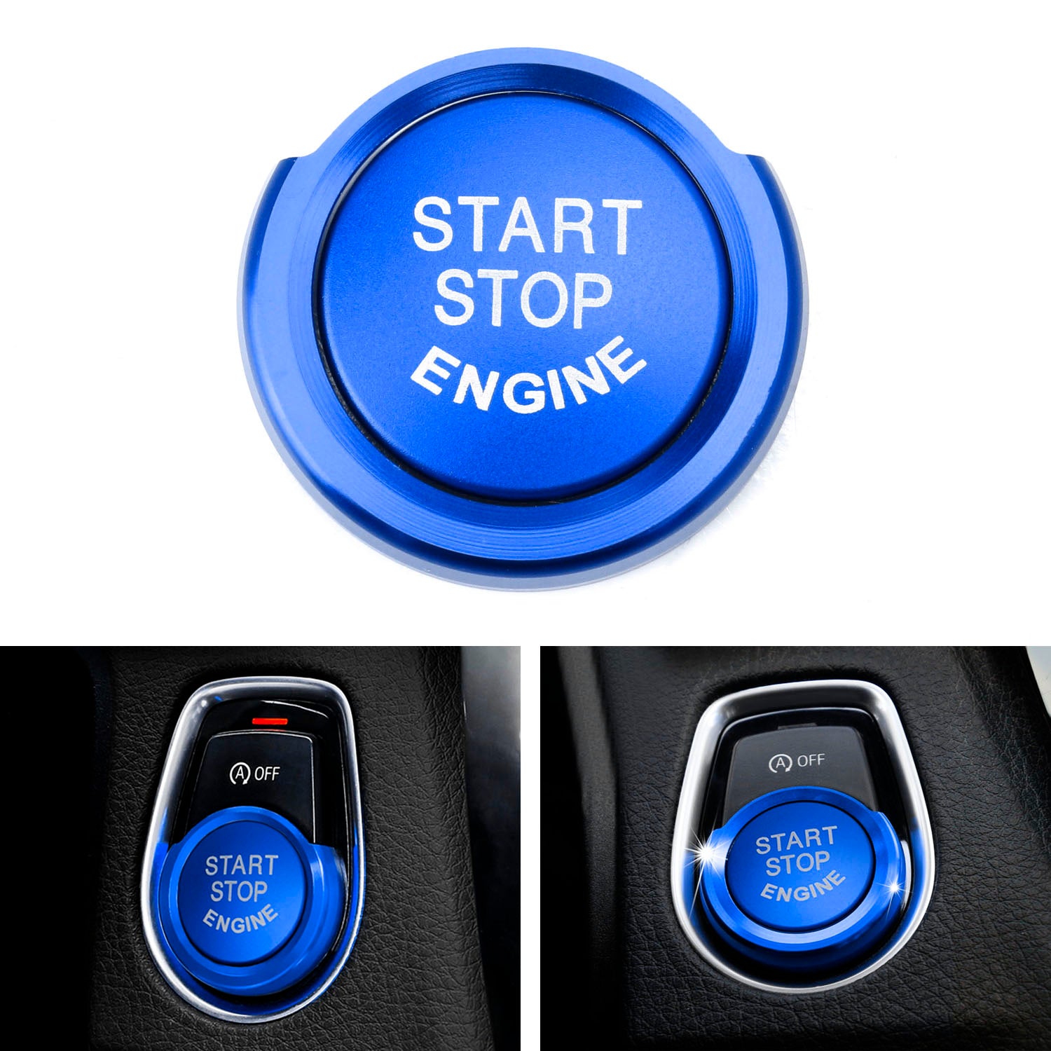 Blue Aluminum Keyless Engine Push Start Button w/Surrounding Ring Trim ...