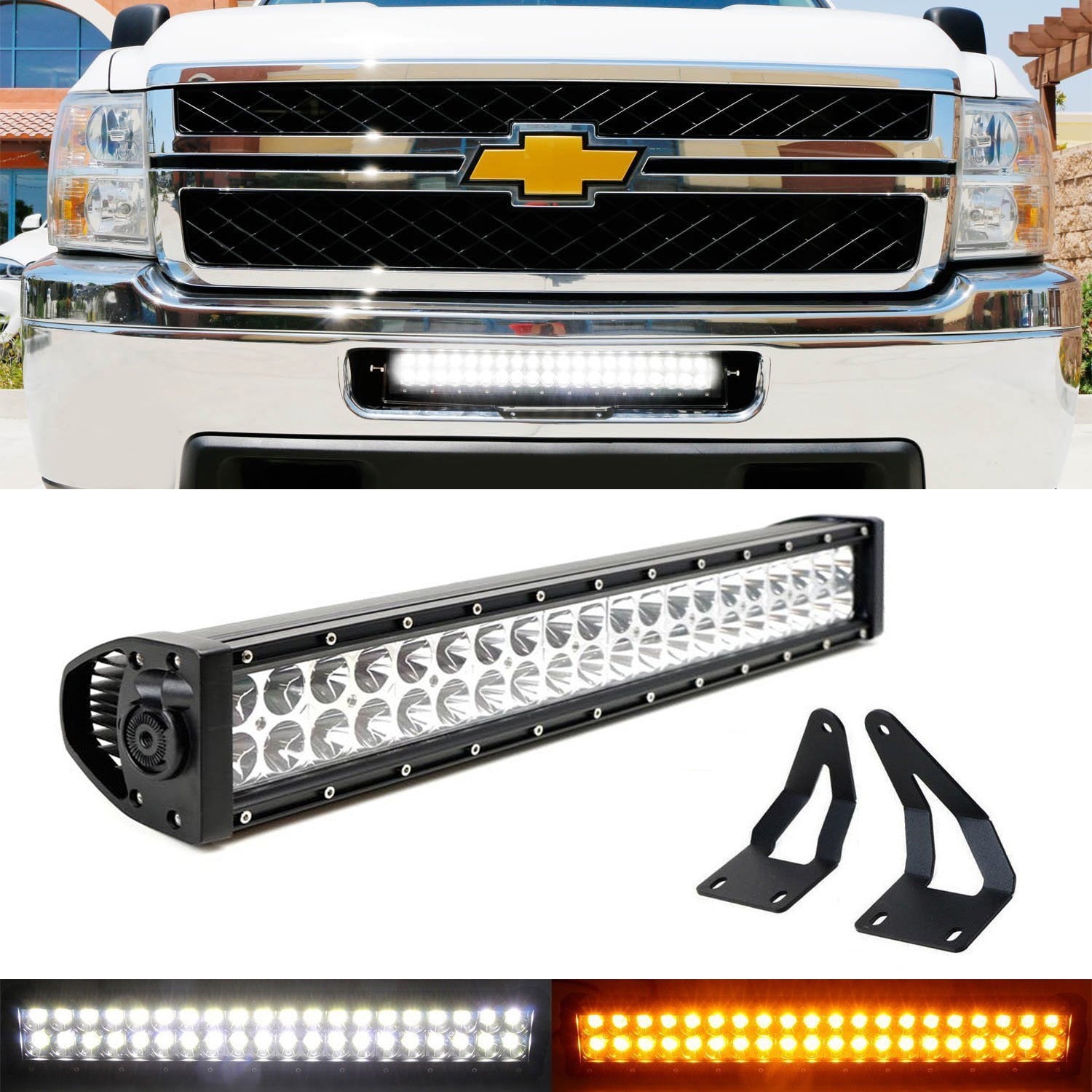 White Amber 120W LED Light Bar w/ Bracket/Wiring For 11-14 Silverado 2 ...