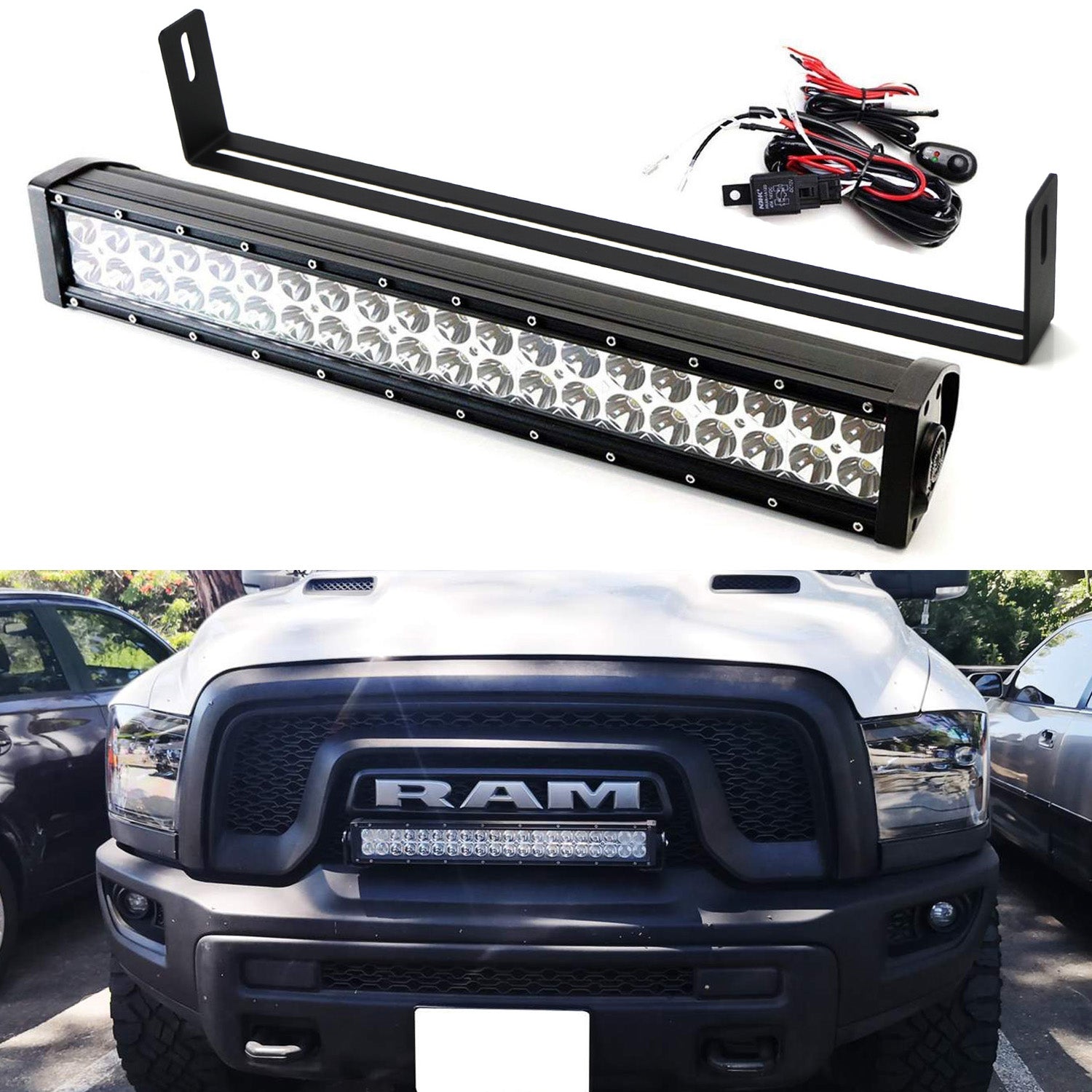 20" 120W LED Light Bar w/ Front Grill Mounting Bracket, Wire For Dodge ...