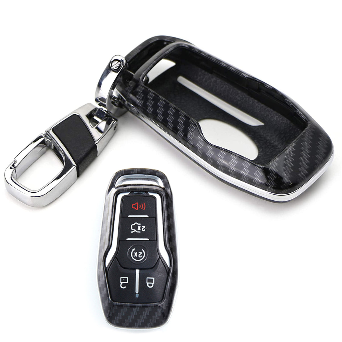 Black Glossy "Carbon Fiber" Pattern Key Fob Shell w/ Keychain For Ford ...