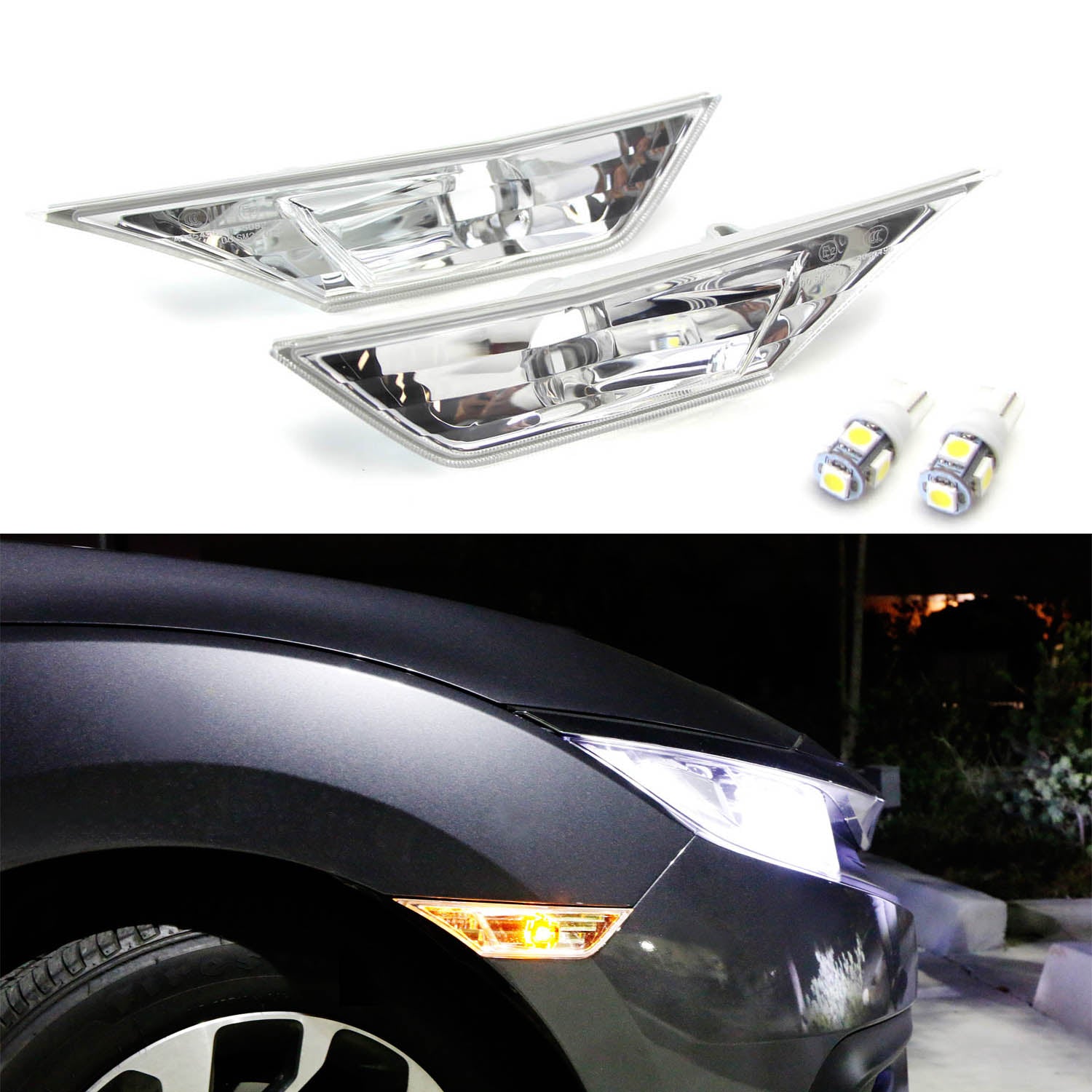 JDM Clear Lens Side Marker Lamps w/ Amber LED Bulbs For 16+ 10th Gen H ...