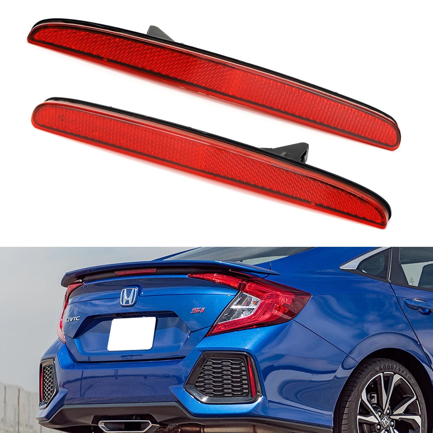 OEM-Spec Red Lens Rear Bumper Reflectors For 17-21 Civic Hatchback, SI — iJDMTOY.com