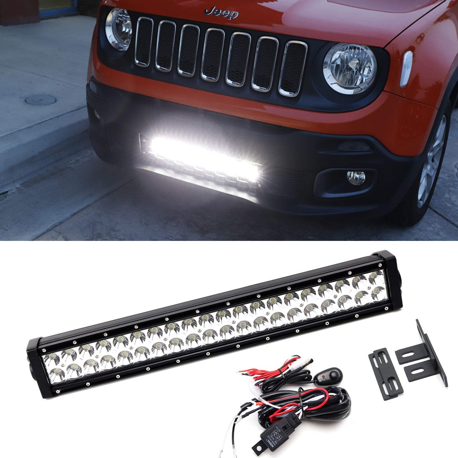 20" 120W LED Light Bar w/ Behind Grille Mounts, Wiring For 2015-up Jee ...