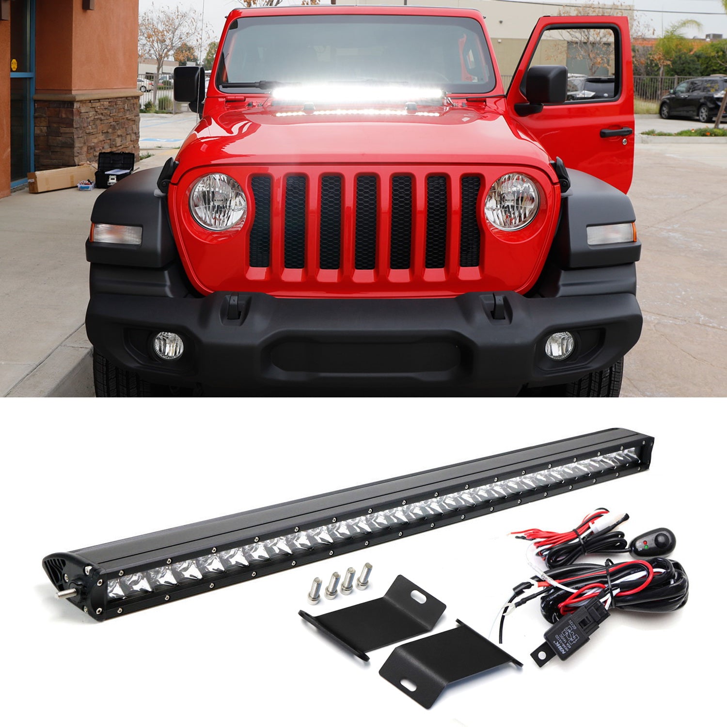 150W 30" LED Light Bar w/ Front Hood Top Bracket Wiring For 18+ Jeep W ...
