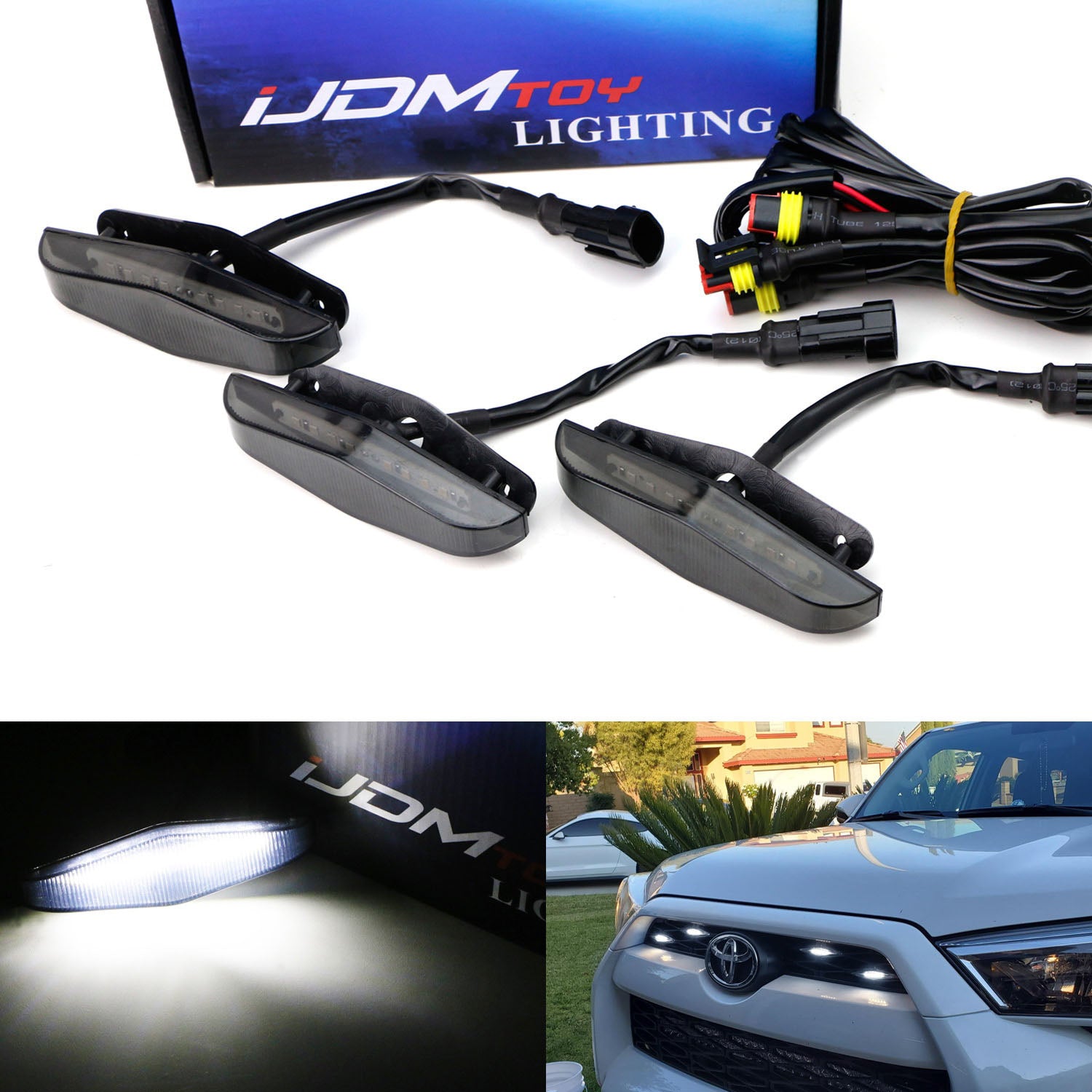 3pc Set Smoked Lens White LED Front Grille Light Kit For 2014-up Toyot ...