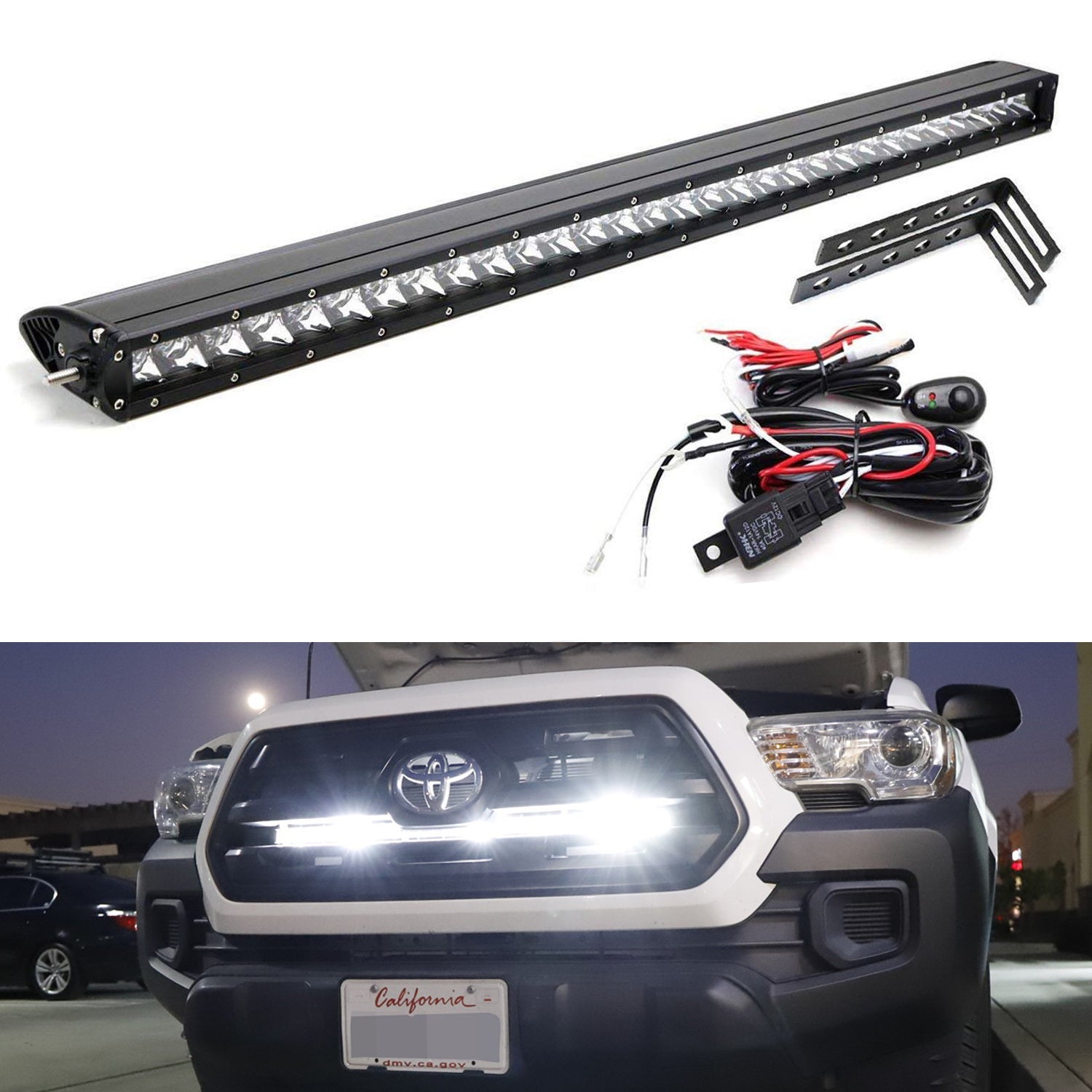 150W 30" LED Light Bar w/ Behind Grille Brackets, Wiring For 16-23 Toy ...