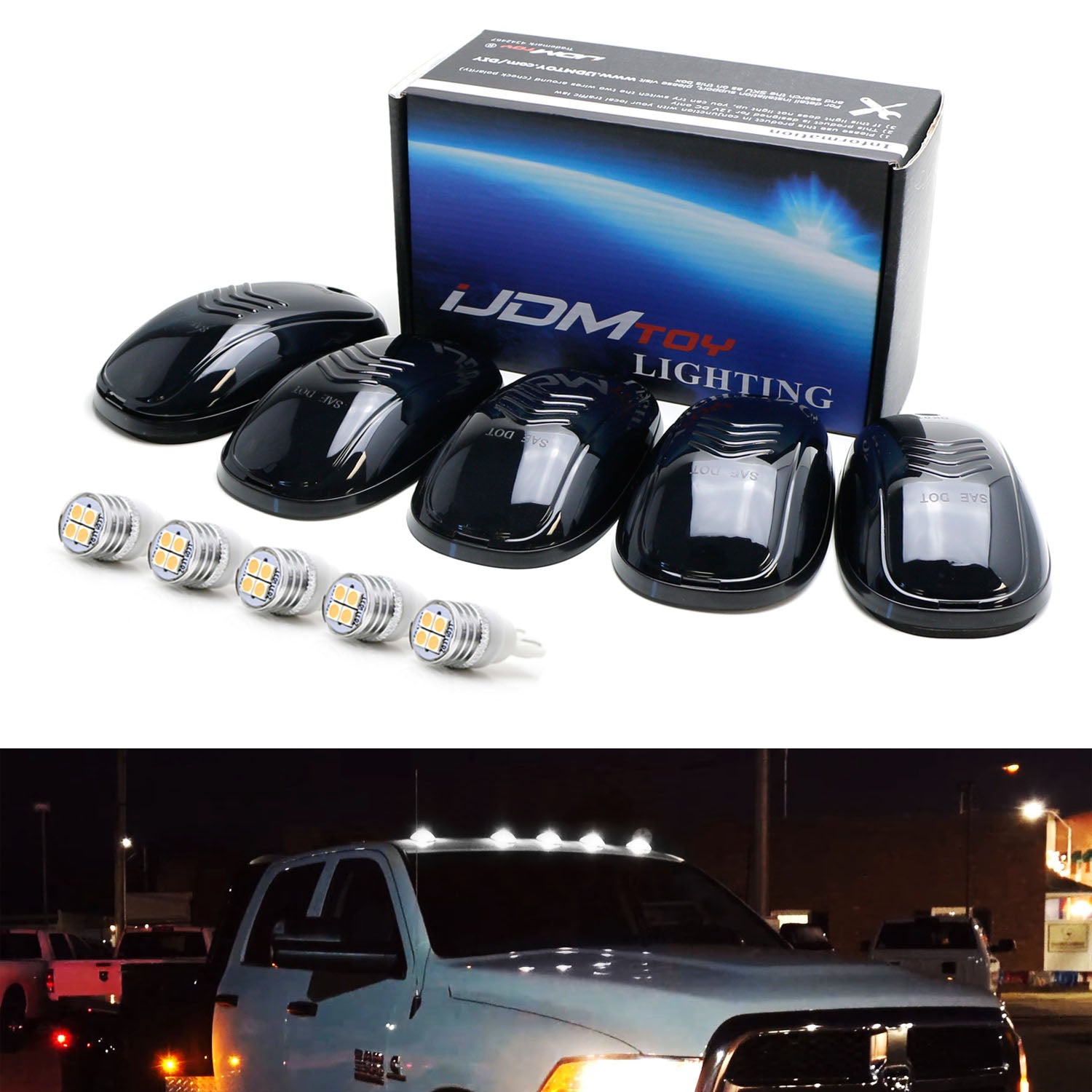 5pc Set Smoked Lens Truck Cab Roof Lights w/ White LED Bulbs For Truck ...