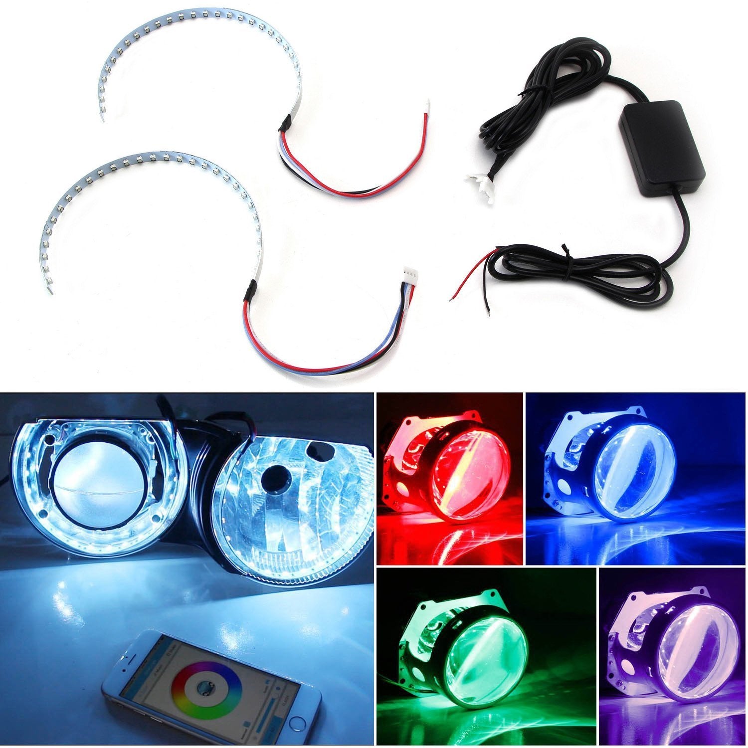 Bluetooth Remote Control RGB LED Demon Eye Halo Ring For Headlight Ret ...